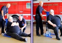 Battery operated mobile lifting chair helps a fallen person