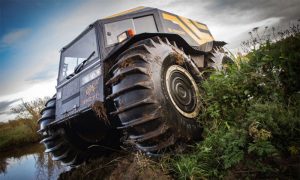 This all-terrain-vehicle has huge tires to conquer any terrain