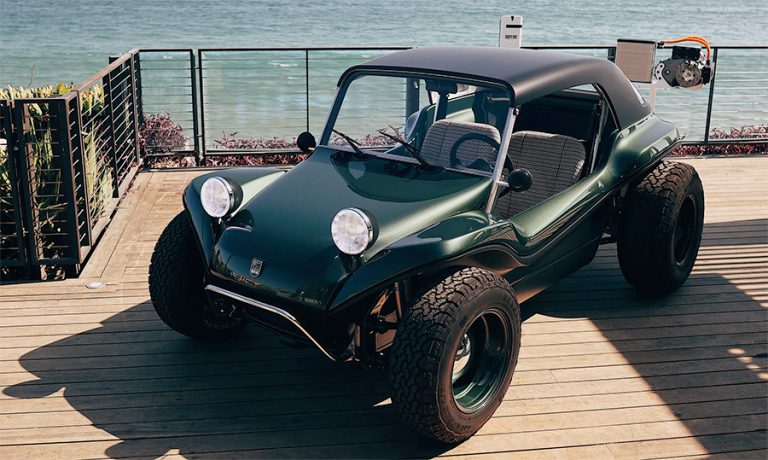 Electric Meyer Manx dune buggy rides for up to 300 miles per charge