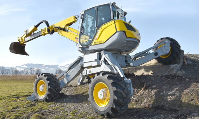 Walking spider excavator adapts its wheels and supports to any terrain