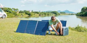 Foldable solar panel that doubles as a camping table