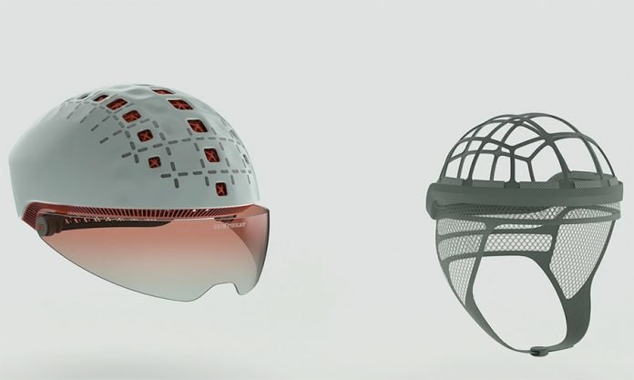High-tech bike helmet with face shield airbag