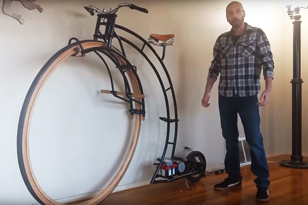 Hubless-wheel electric penny farthing is a unique fusion of past and future
