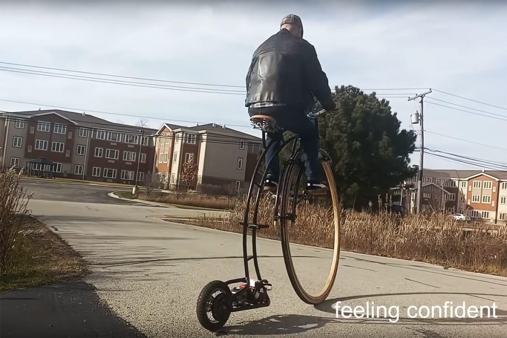 Hubless-wheel electric penny farthing is a unique fusion of past and future
