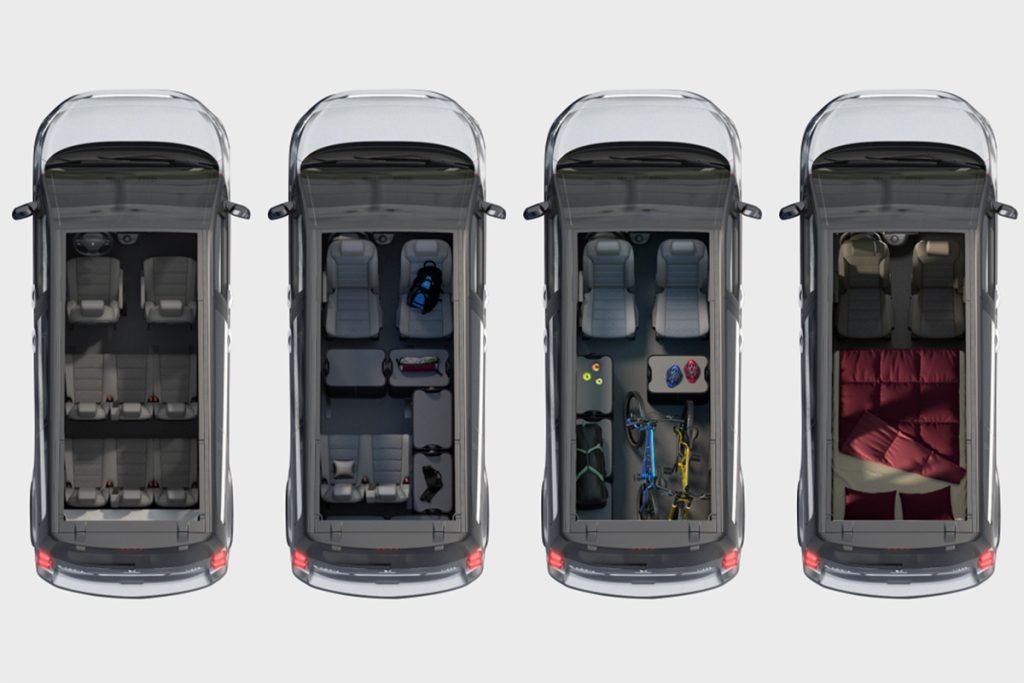 Modular mini-camper transforms from 8-seat MPV to RV with stackable pods