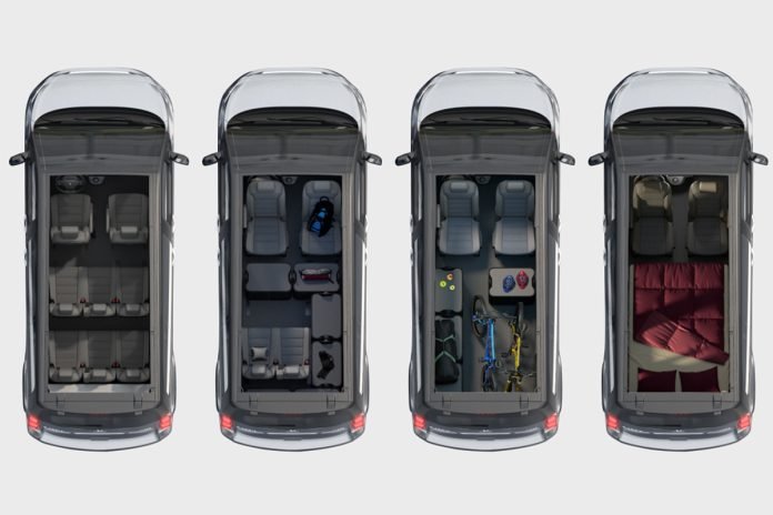 Modular mini-camper transforms from 8-seat MPV to RV with stackable pods