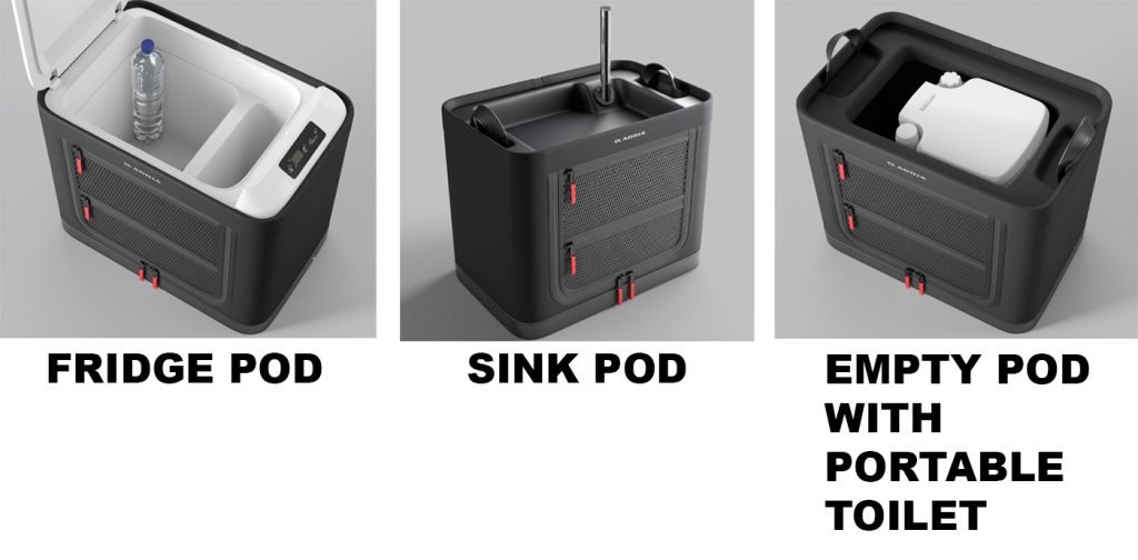 Modular mini-camper transforms from 8-seat MPV to RV with stackable pods