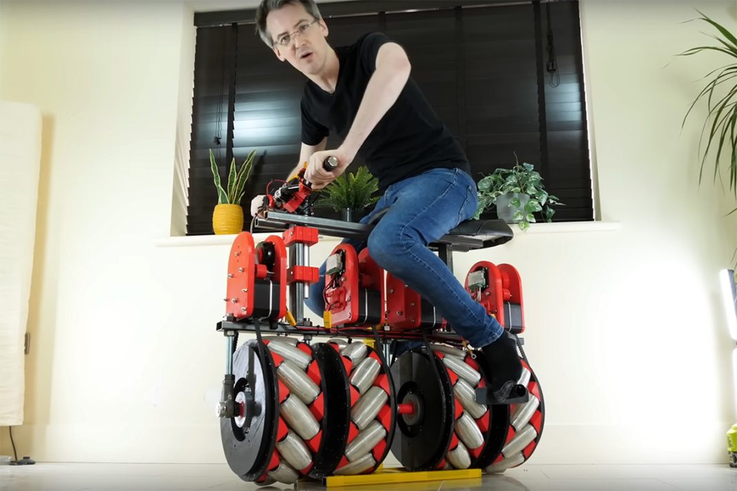 Self-balancing motorcycle rolls on four custom-made omnidirectional wheels