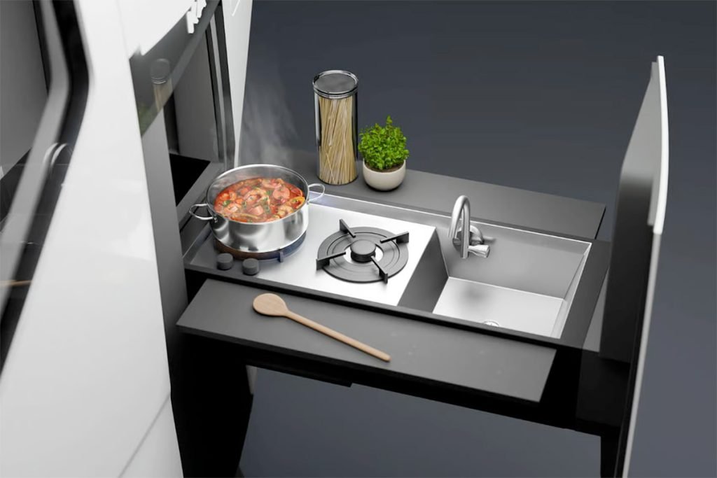 Sleek camper trailer features a secret bathroom and flexible interior