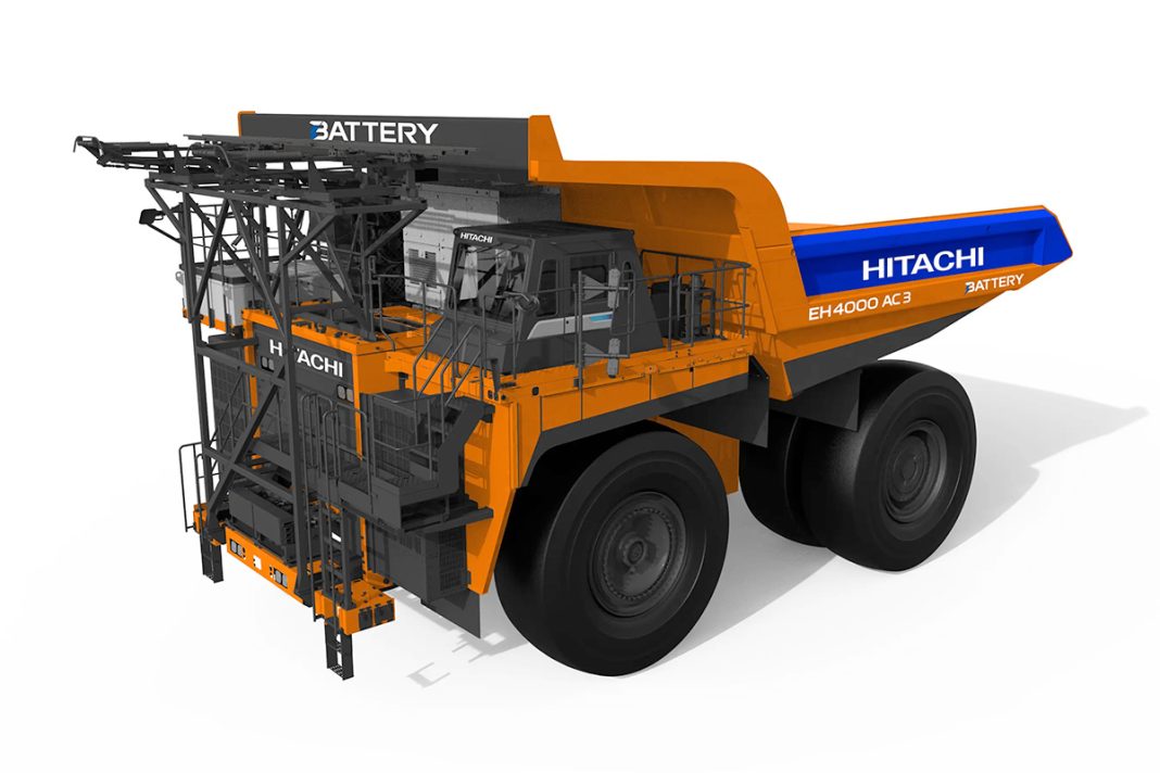 Ultra-large battery dump truck charges on the move