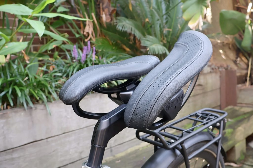 Split seat bike saddle moves with your legs for ultimate comfort