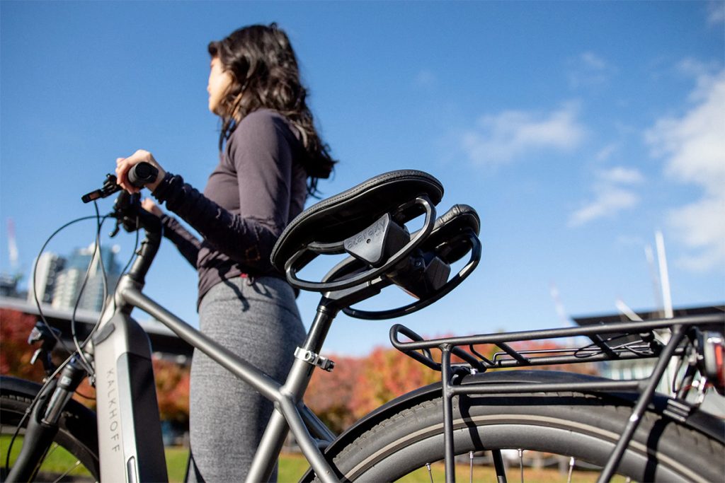 Split seat bike saddle moves with your legs for ultimate comfort