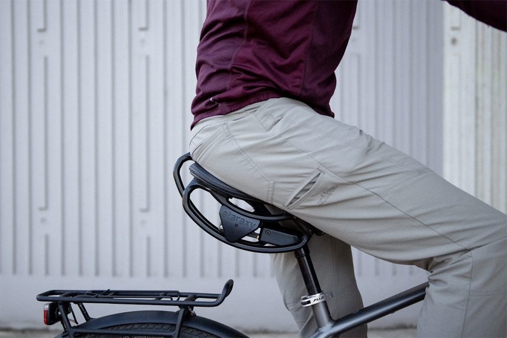 Split seat bike saddle moves with your legs for ultimate comfort