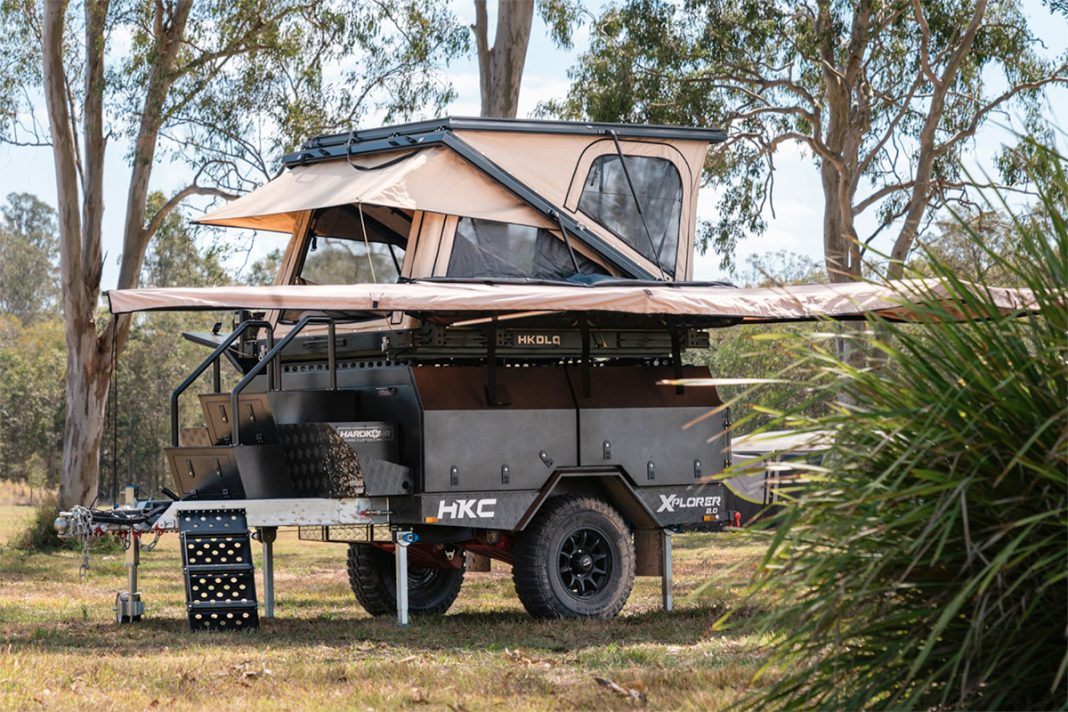 Off-road micro-trailer transforms into two-story base camp