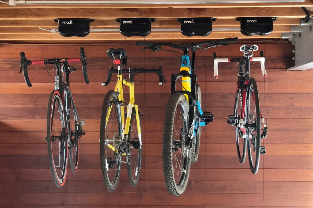 Unpowered ceiling mount makes bicycle storage simple and efficient
