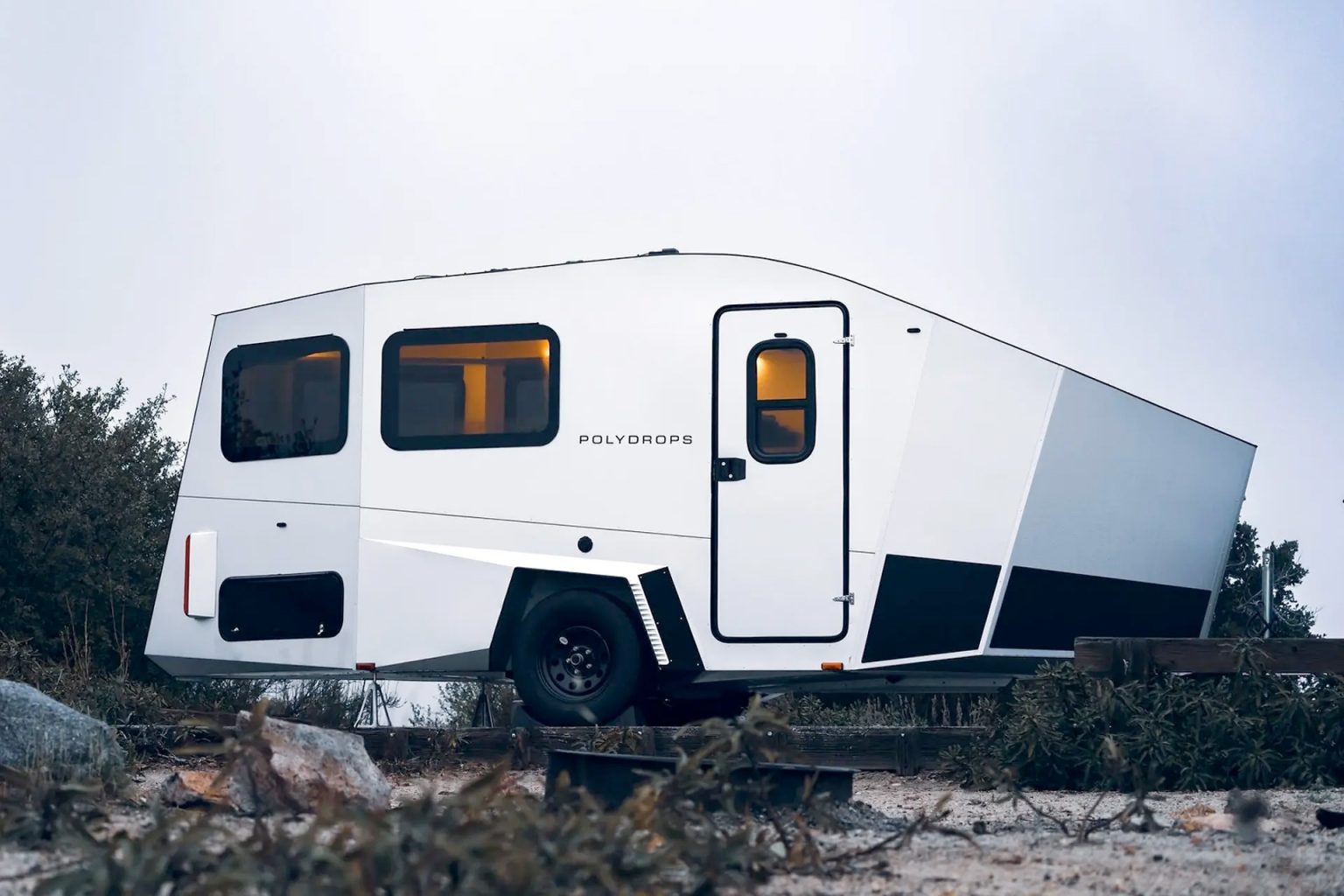 The Polydrops P21 travel trailer looks like an aerodynamic wing