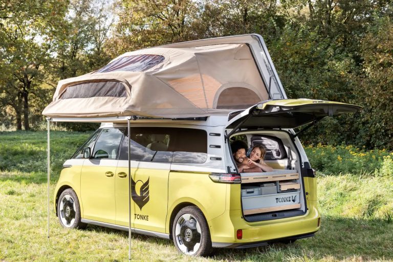 Volkswagen ID. Buzz camper van reimagined with a side-popping sleeper roof