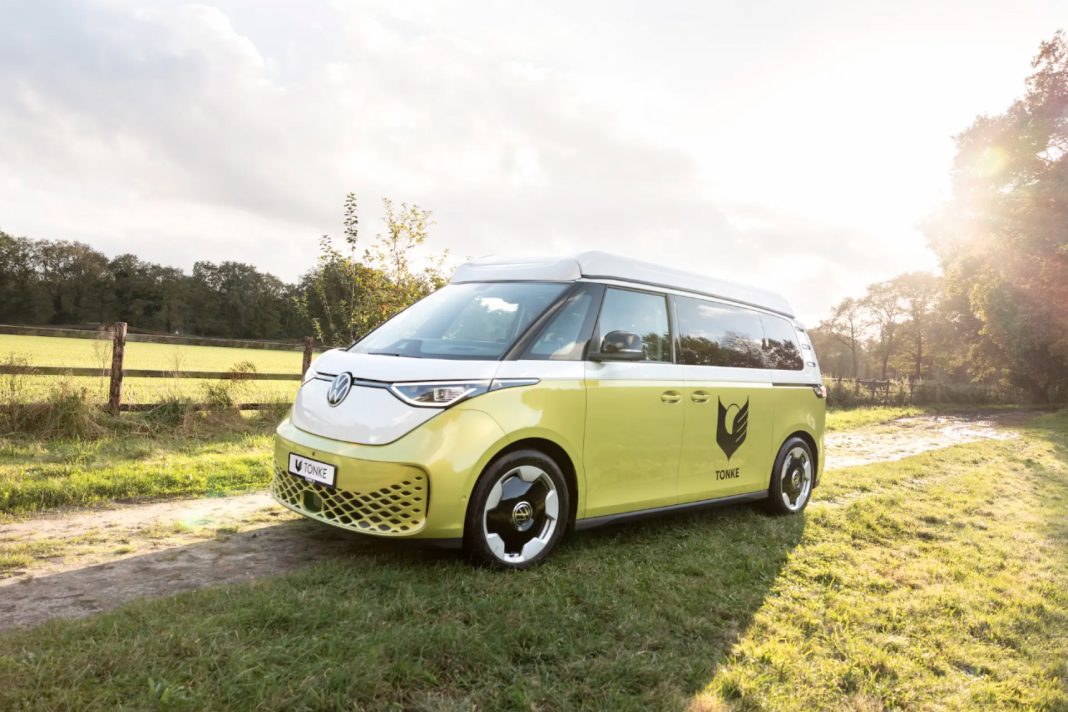 Volkswagen ID. Buzz camper van reimagined with a side-popping sleeper roof