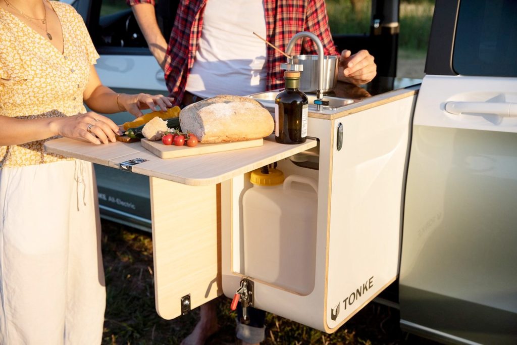 Volkswagen ID. Buzz camper van reimagined with a side-popping sleeper roof
