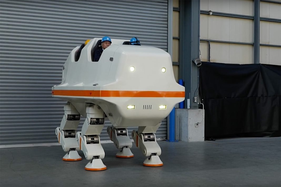 Rideable walking robot that looks like a sci-fi rhino